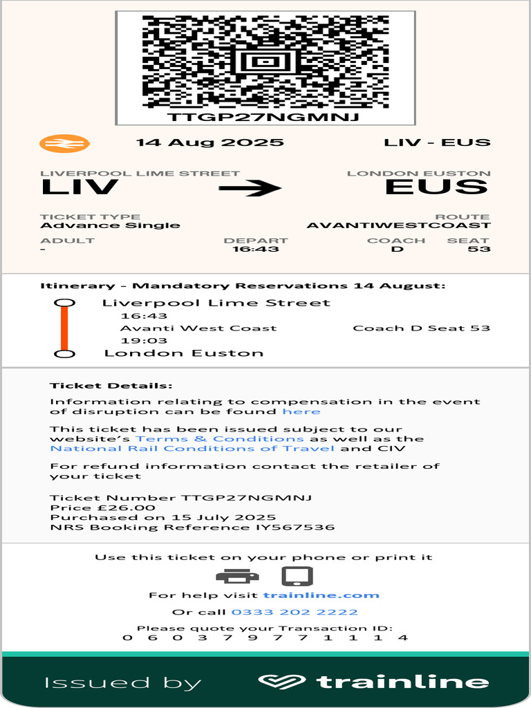 Liverpool to London Train Ticket Details | PDF