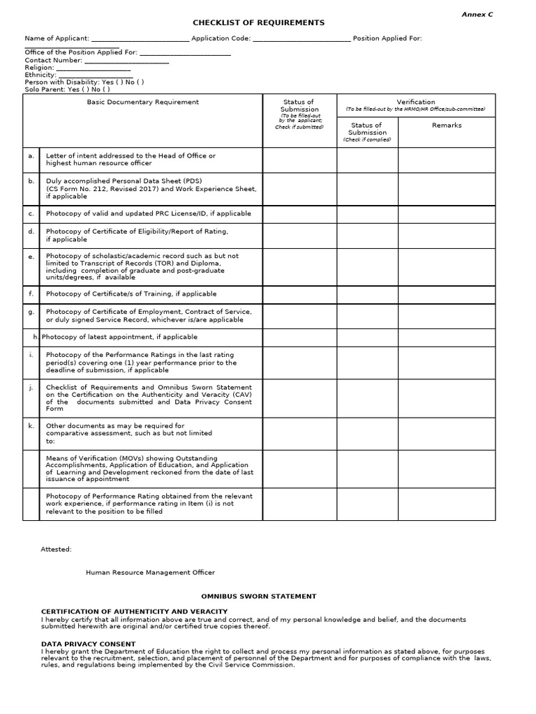Job Application Requirements Checklist | PDF