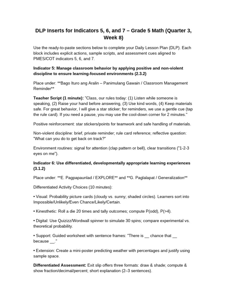DLP for Grade 5 Math: Indicators 5-7 | PDF | Differentiated Instruction ...
