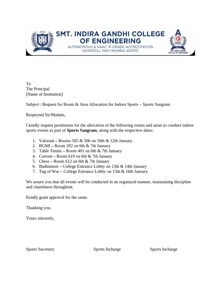 Indoor Sports Room Allocation Request | PDF