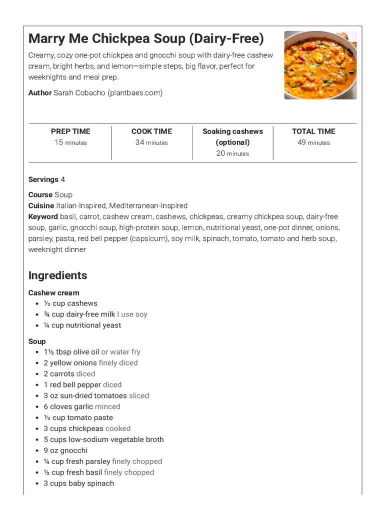 Marry Me Chickpea Soup (Dairy-Free) - Plantbaes | PDF | Soup | Garlic