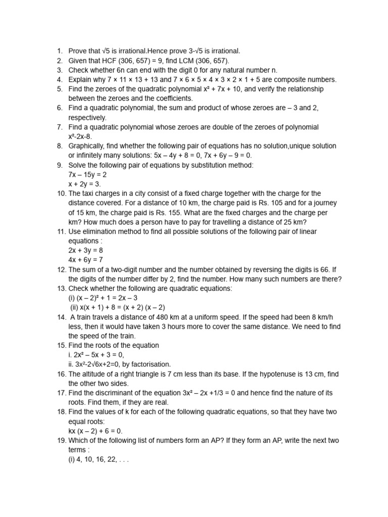 Math Problems: Irrational Numbers to AP | PDF | Polynomial | Quadratic ...