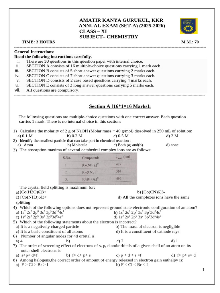 Yearly Exam_XI SCI.(SET a)_2025-2026 | PDF | Alkene | Chemical Reactions