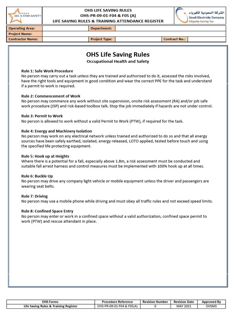 OHS Life Saving Rules Training Register | PDF | Occupational Safety And ...