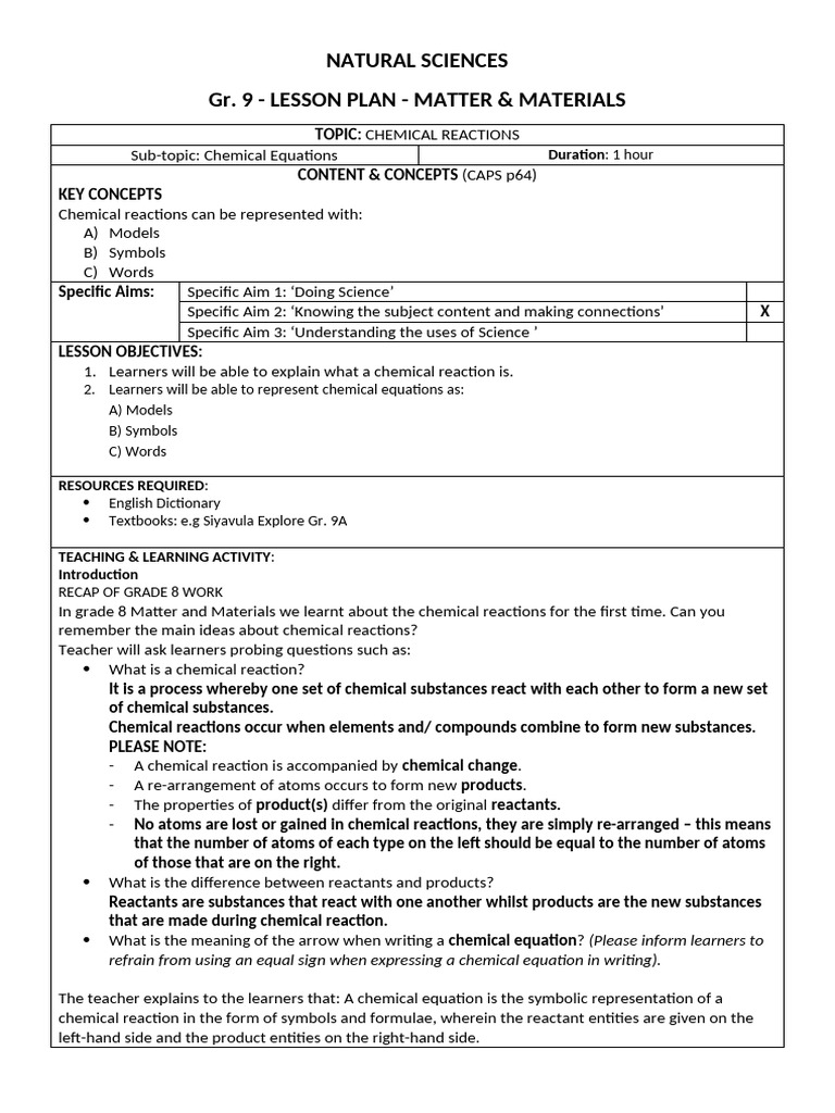Grade 9 Chemical Reactions Lesson Plan | PDF | Chemical Reactions ...