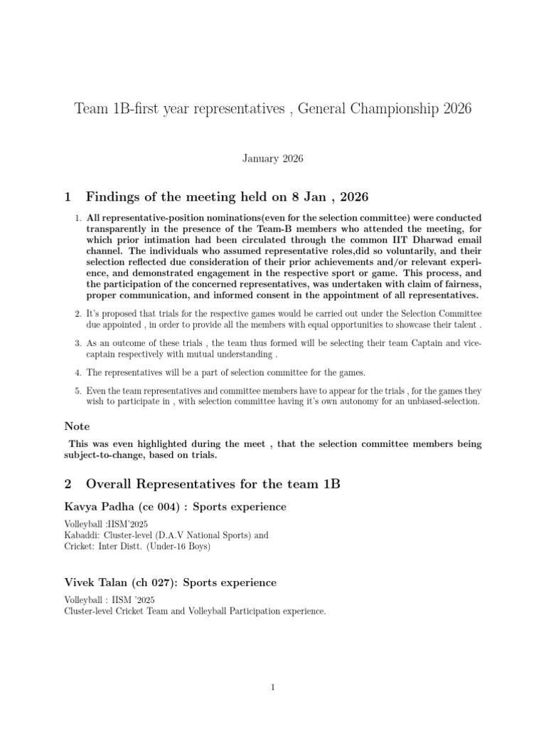 Team 1B Representatives & Selection Process | PDF | Entertainment | Sports