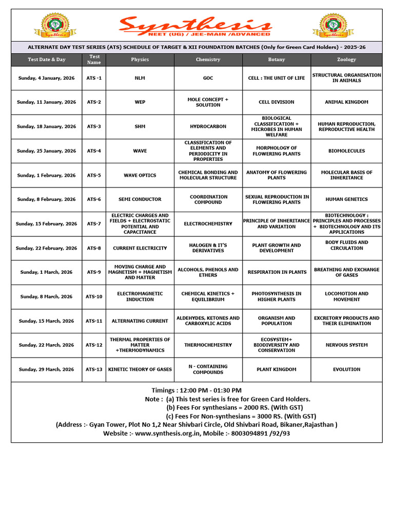 ALTERNATE DAY TEST SERIES (ATS) SCHEDULE OF TARGET & XII FOUNDATION ...