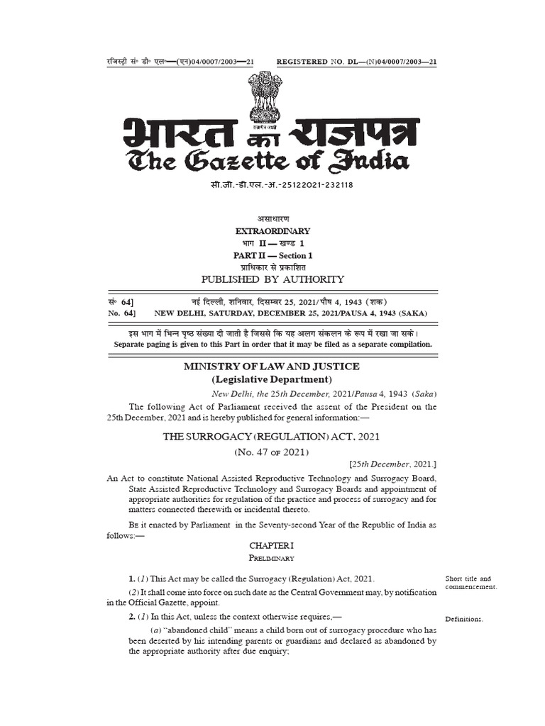 Surrogacy Regulation ACT 2021 | PDF | Surrogacy | Fertilisation