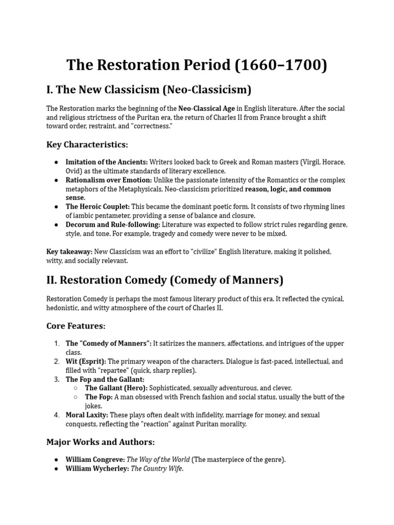 Overview of Restoration Literature (1660-1700) | PDF | Tragedy | Comedy