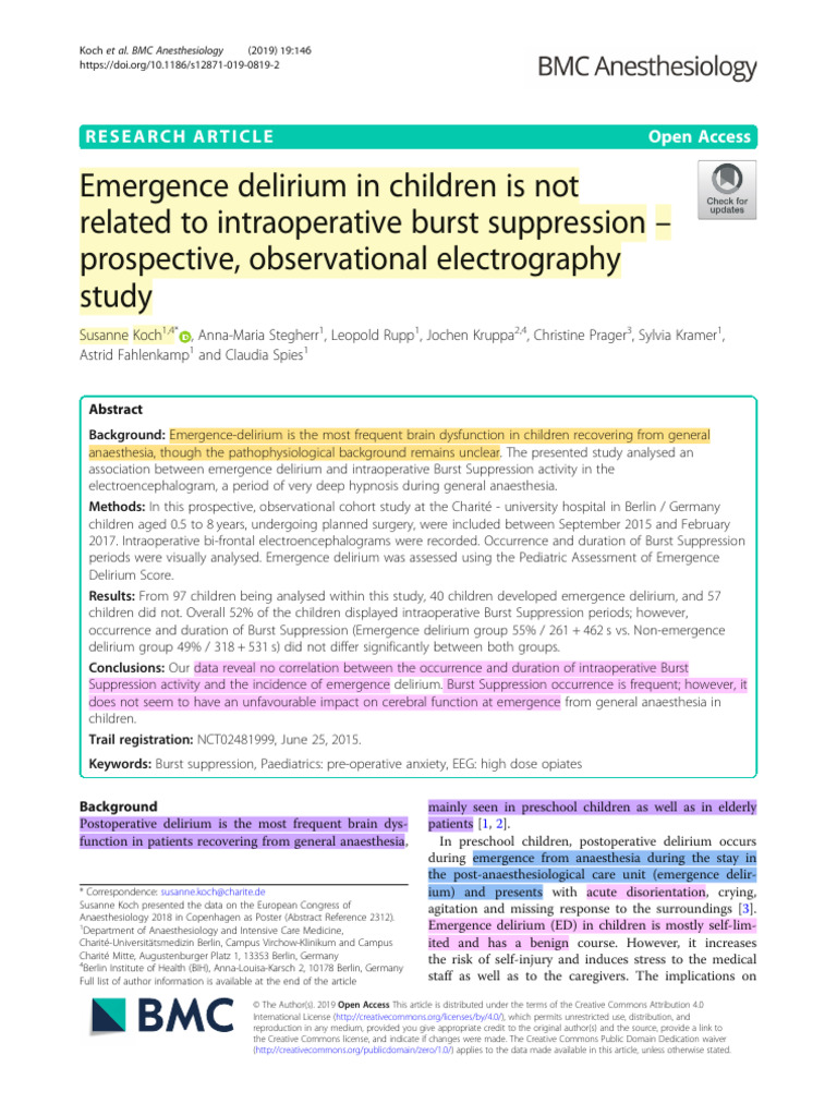 Emergence Delirium in Children Is Not Related To Intraoperative Burst ...