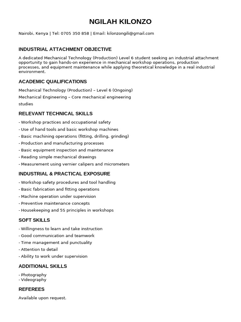 Ngilah Kilonzo Industrial Attachment CV (1) | PDF