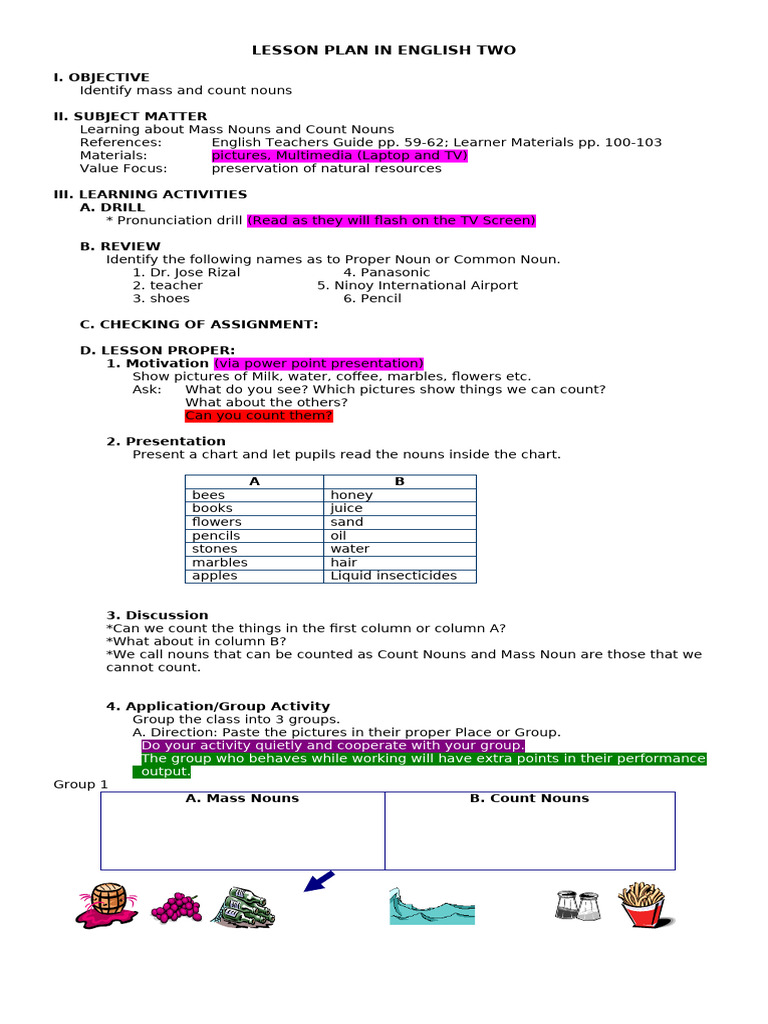 Mass and Count Nouns Lesson Plan | PDF | Lesson Plan | Learning