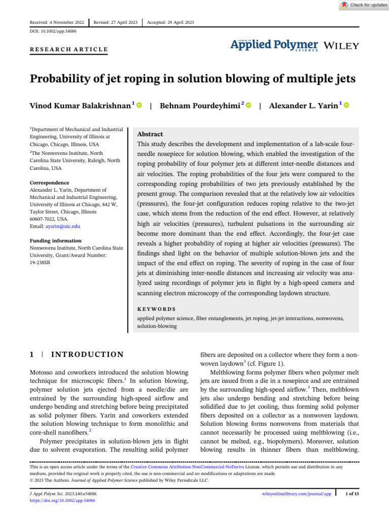 Probability of jet roping in solution blowing of multiple jets | PDF ...