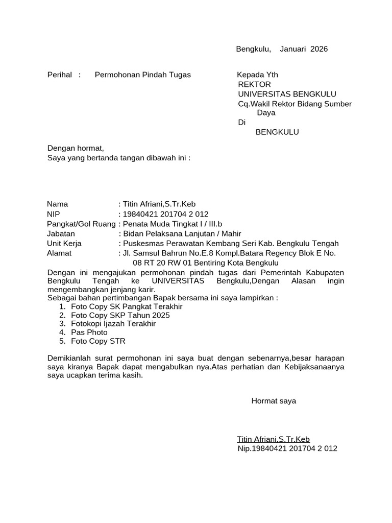 Surat Permohonan Pindah UNIV - Titin | PDF