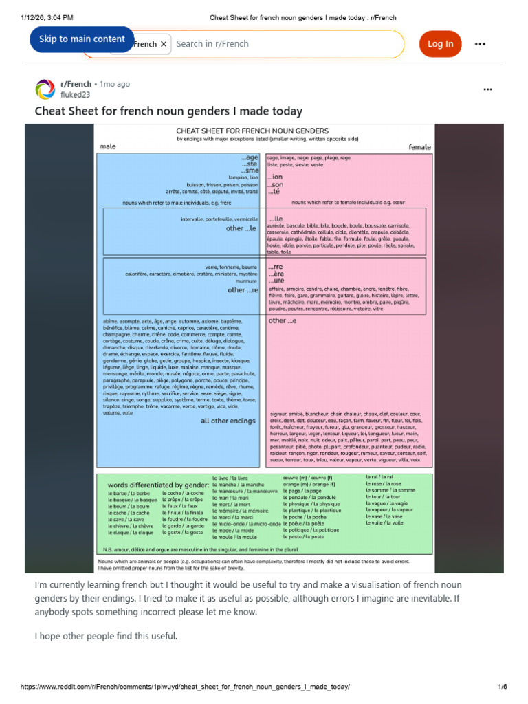 Cheat Sheet for French Noun Genders I Made Today _ R_French | PDF ...