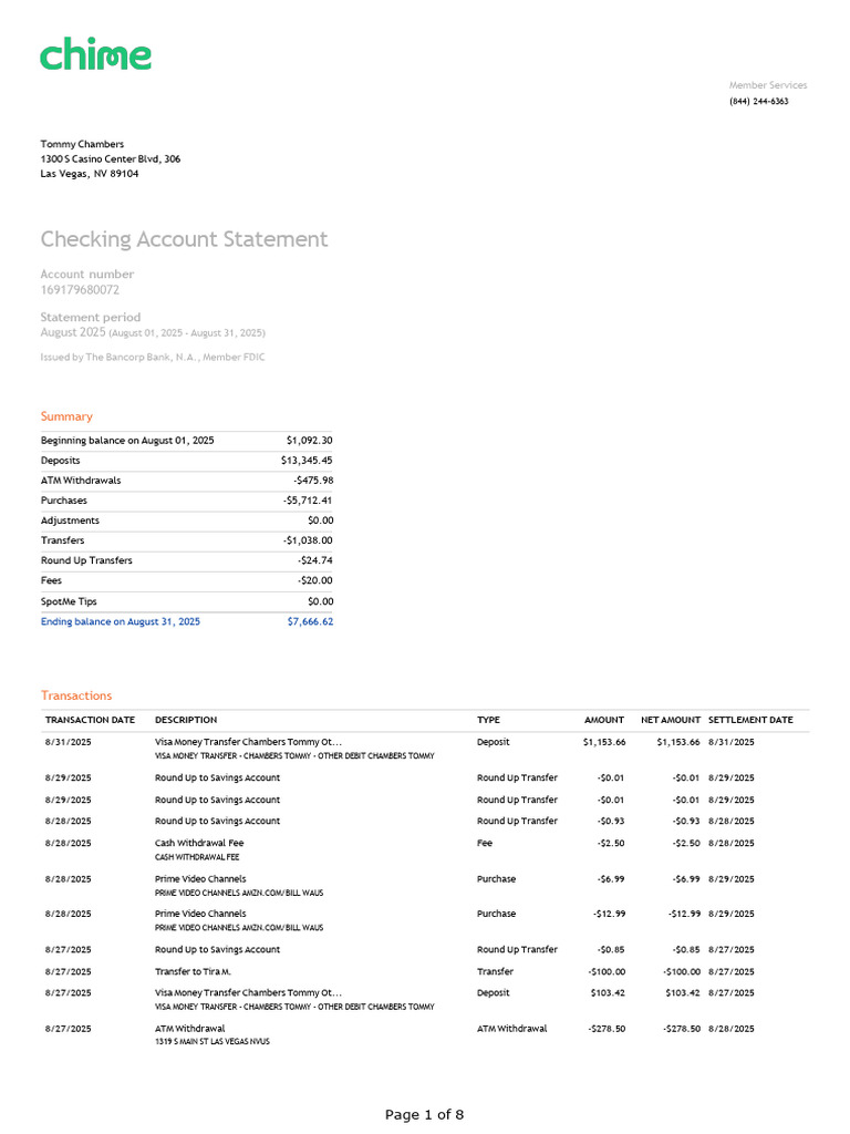 Chime-Checking-Statement-August-2025 | PDF | Debit Card | Visa Inc.