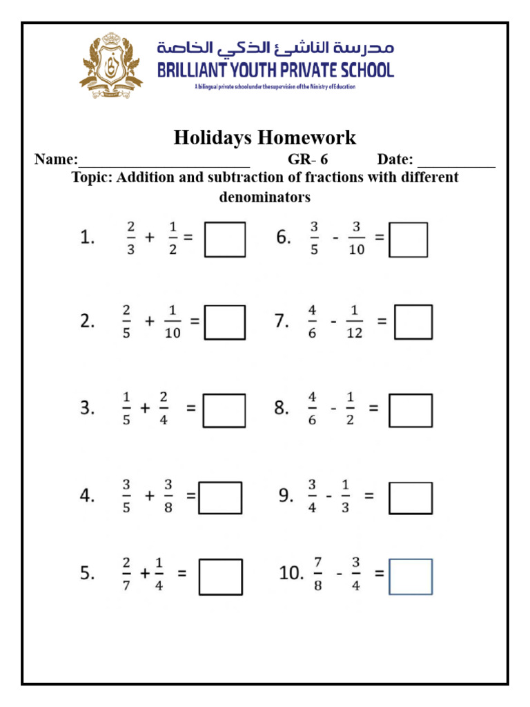 Holidays Homework for Grade 6 | PDF