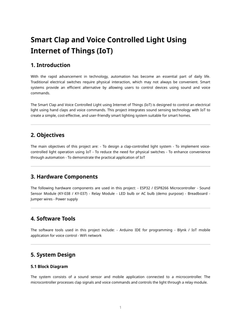 Smart Clap and Voice Controlled Light Using Io T - Project Report | PDF ...