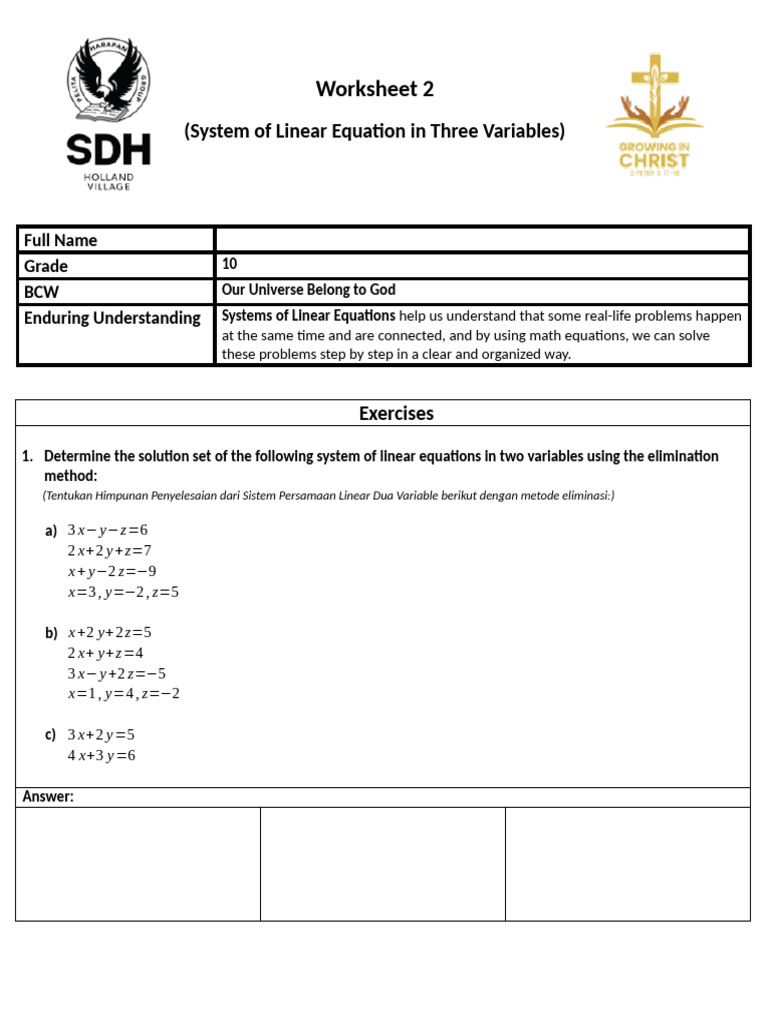 Worksheet 1 (System of Linear Equation in Two Variables) (1) | PDF