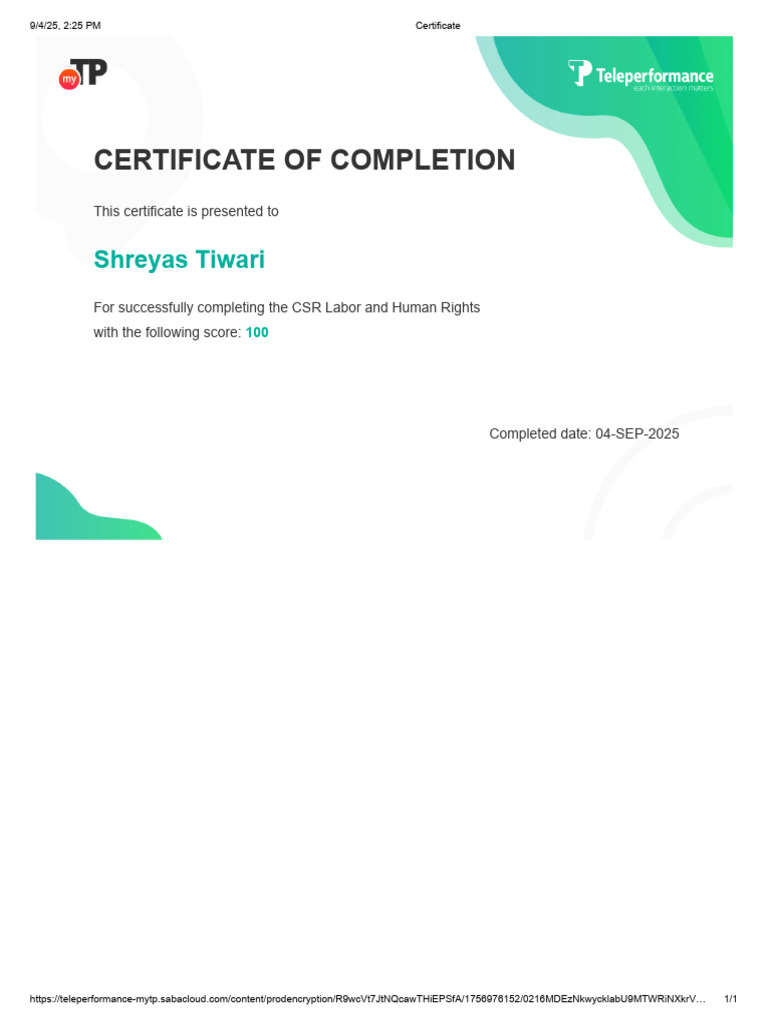 CSR Labor and Human Rights Certificate | PDF