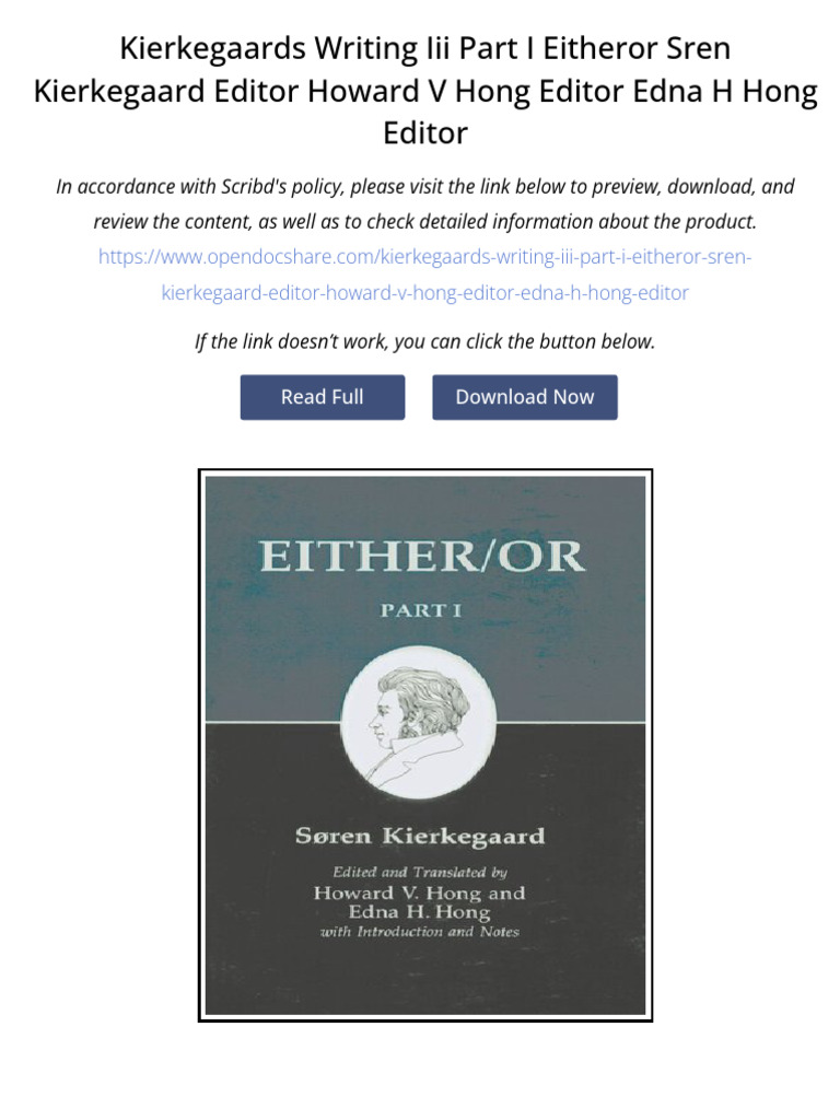 Kierkegaards Writing Iii Part I Eitheror Sren Kierkegaard Editor Howard ...