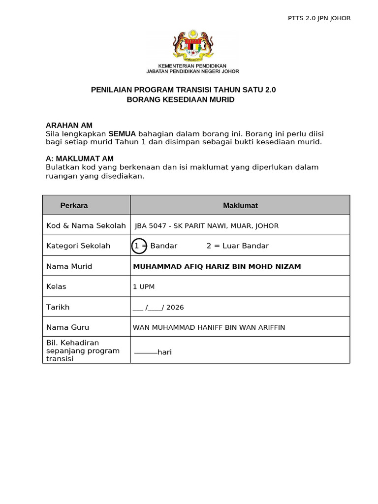 Borang Kesediaan Murid Tahun 1 | PDF