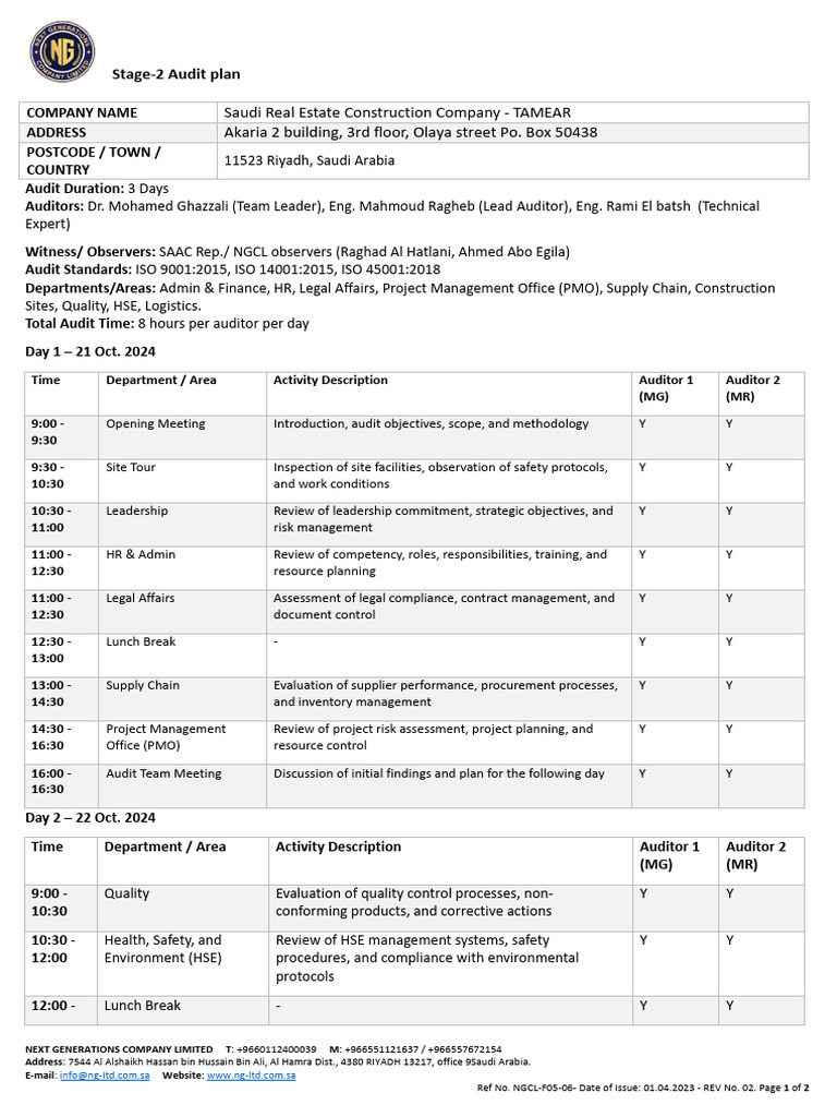 Stage 2 Audit Plan | PDF | Audit | Internal Audit