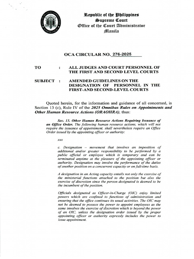 OCA Circular No. 276-2025. Amended Rules in Designation in Lower Courts ...