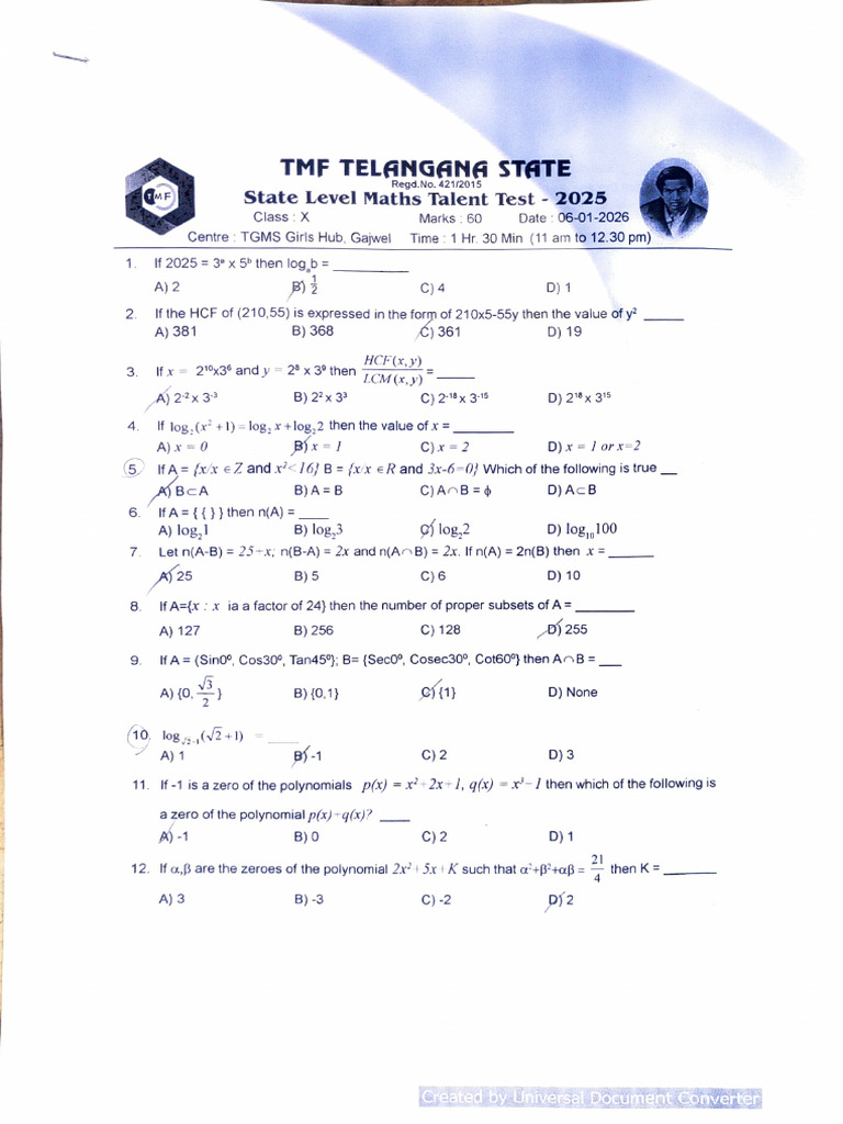 State Level Maths Talent Test 2025 | PDF | Circle | Angle