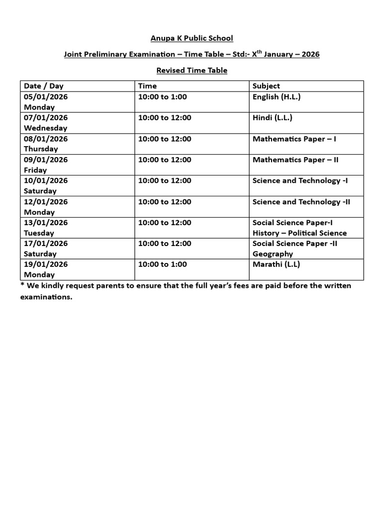 Anupa K School Xth Exam Time Table 2026 | PDF