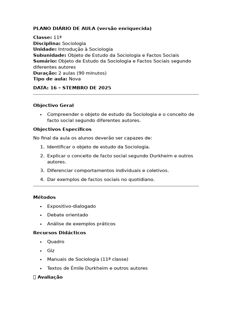 PLANO DIARIO DE AULA DE SOCIOLOGIA | PDF | Sociologia | Émile Durkheim