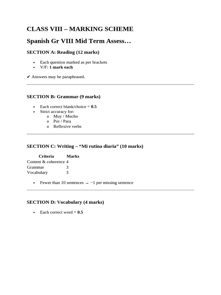 Class VIII Spanish Mid Term Marking Guide | PDF