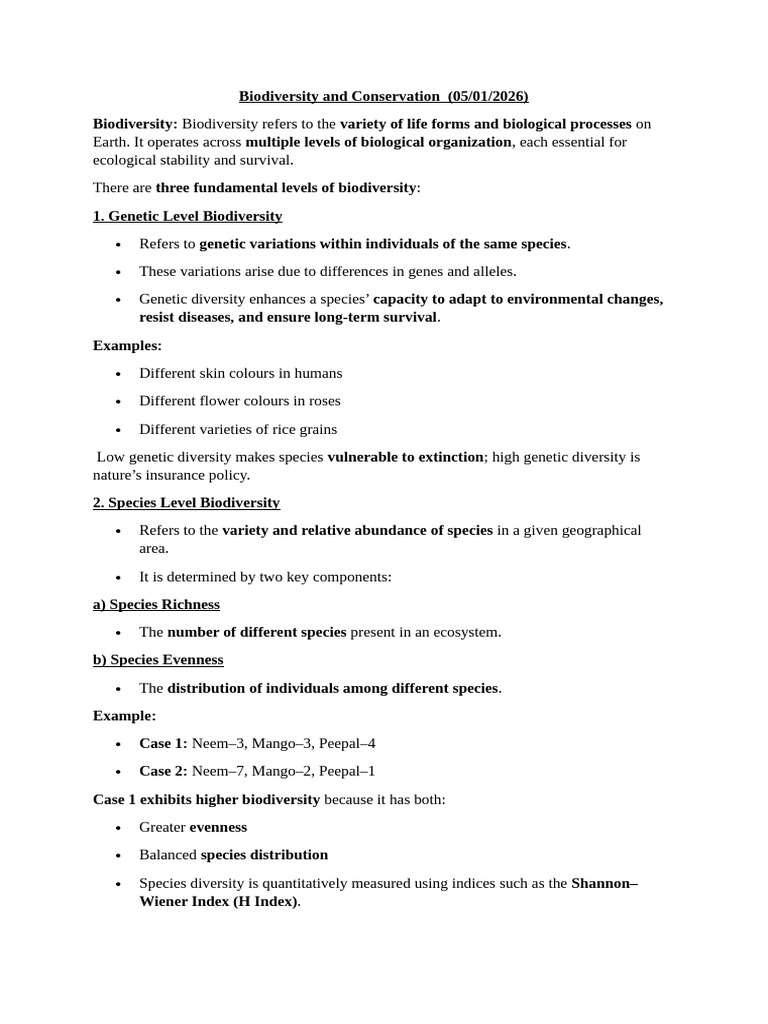 EVS - Notes - Biodiversity and Conservation 05 - 01 - 2026 | PDF ...