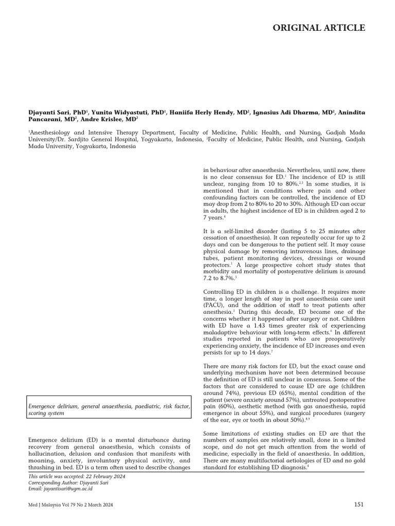 Emergence-Delirium Watch Cravero Paed Malaysia | PDF | Anesthesia ...