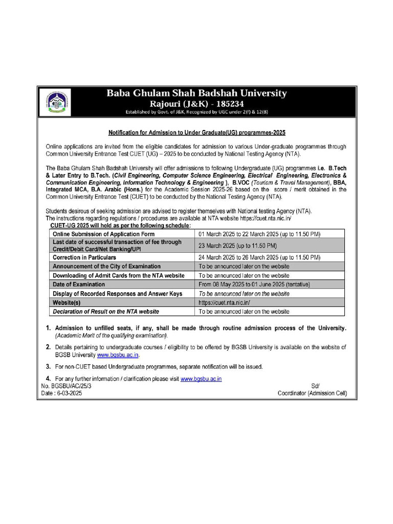 CUET UG 2025 Admission Notification | PDF
