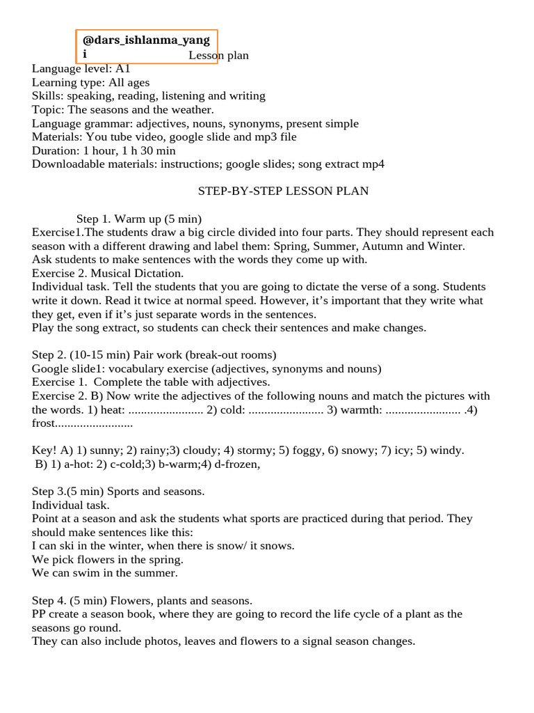 A1 Lesson Plan: Seasons & Weather Activities | PDF | Adjective | Human ...