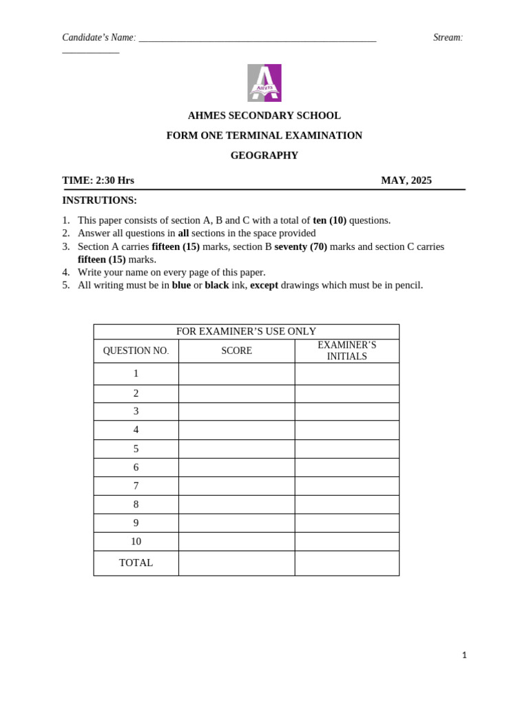 Form One Geography Exam Paper 2025 | PDF | Atmosphere Of Earth | Earth ...