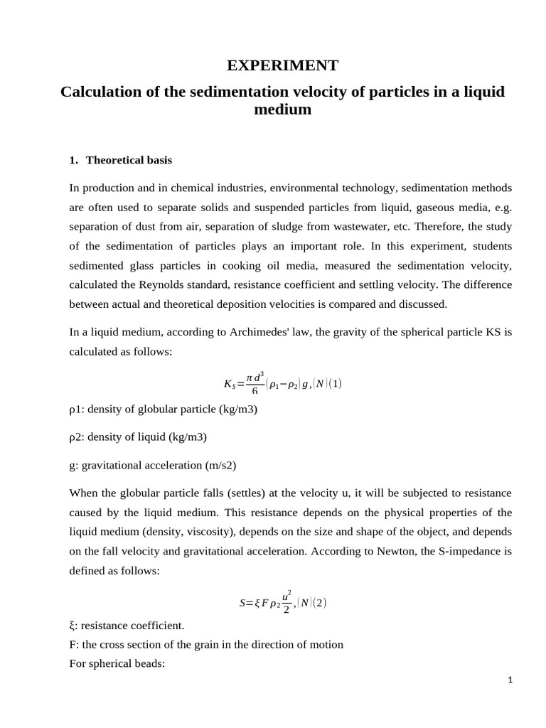 Calculation of the Sedimentation Velocity of Particles in a Liquid ...