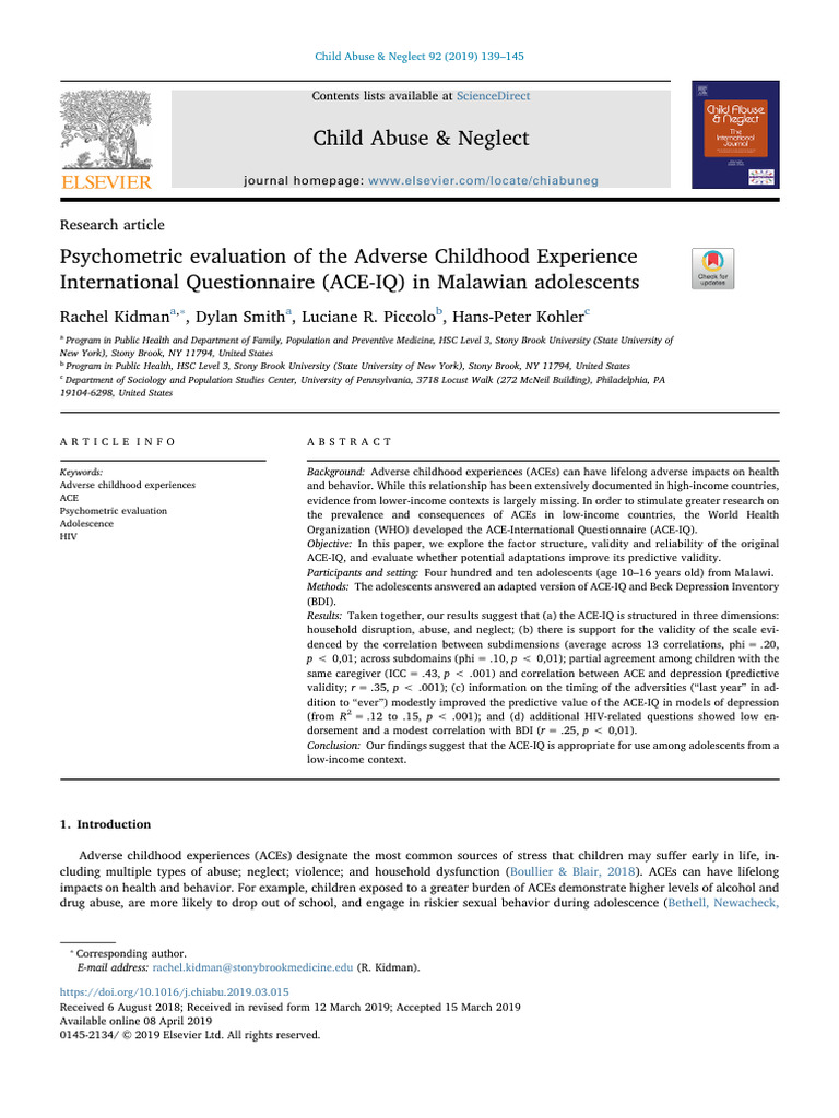 ACE-IQ Psychometric Study in Malawi Adolescents | PDF | Violence ...