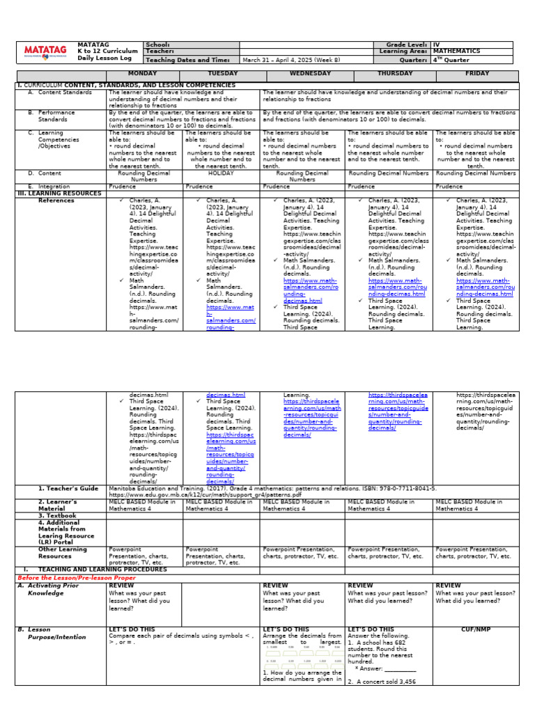 MATATAG DLL WEEK 8 MATH G4 q4 | PDF | Numbers | Rounding