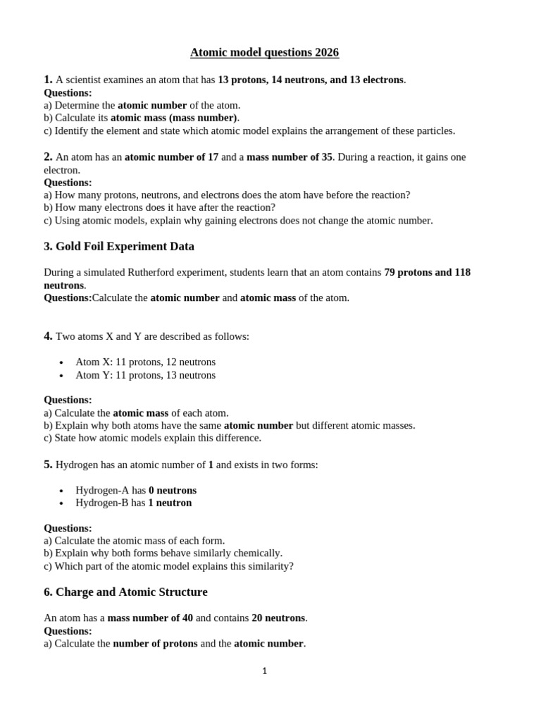 Atomic Model Questions 2026 | PDF | Atoms | Proton