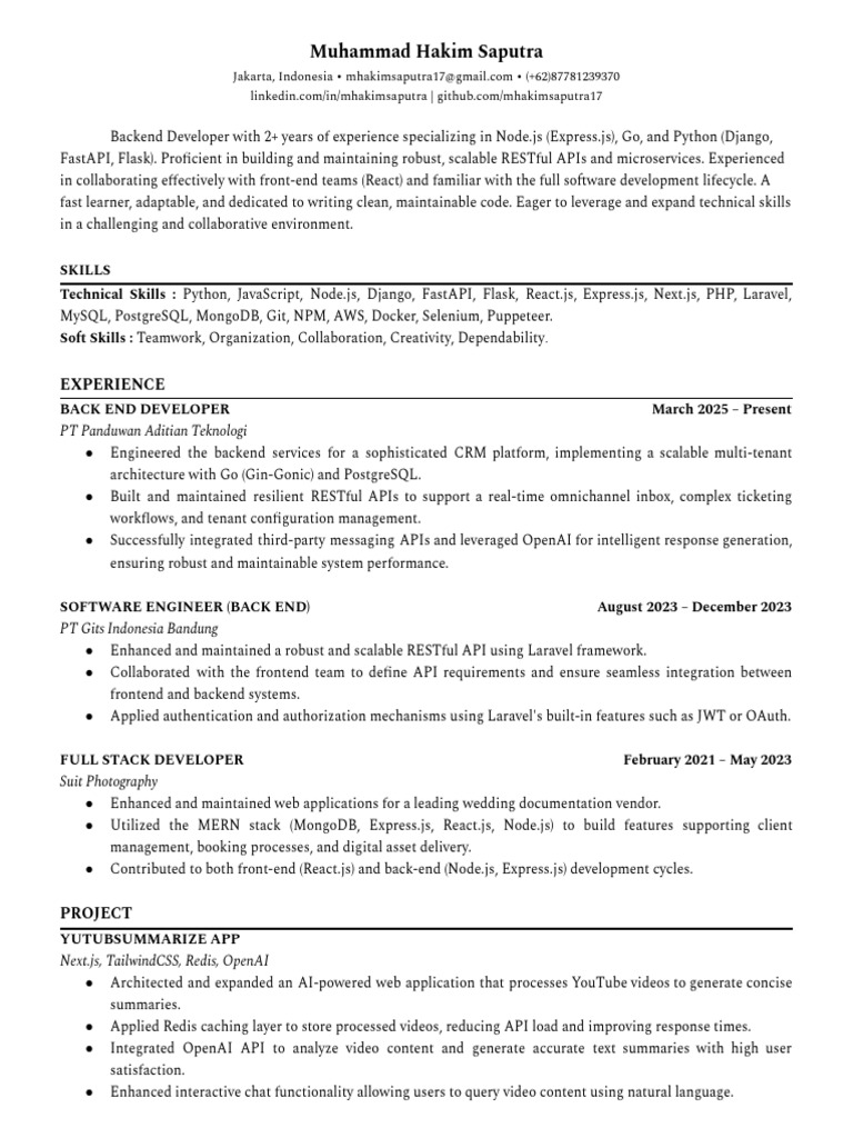 Muhammad Hakim Saputra - CV | PDF | Software | Software Engineering