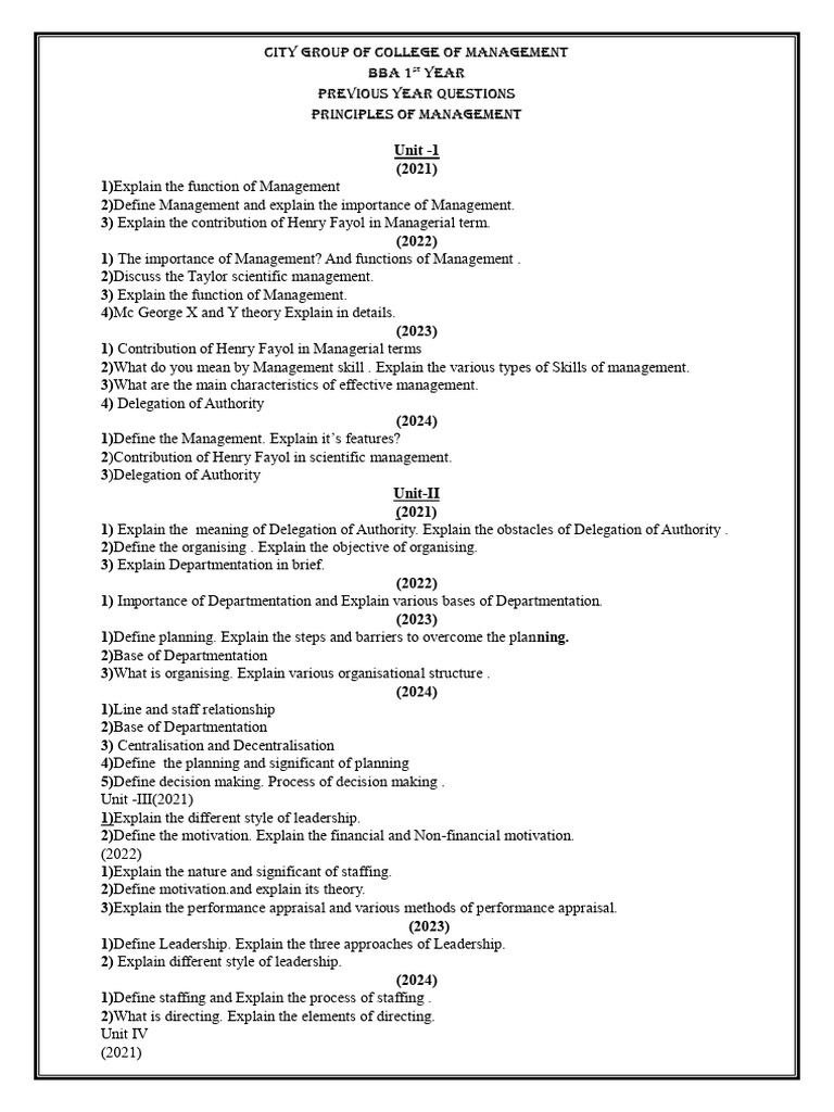 BBA Management Principles Exam Questions | PDF | Leadership | Employment
