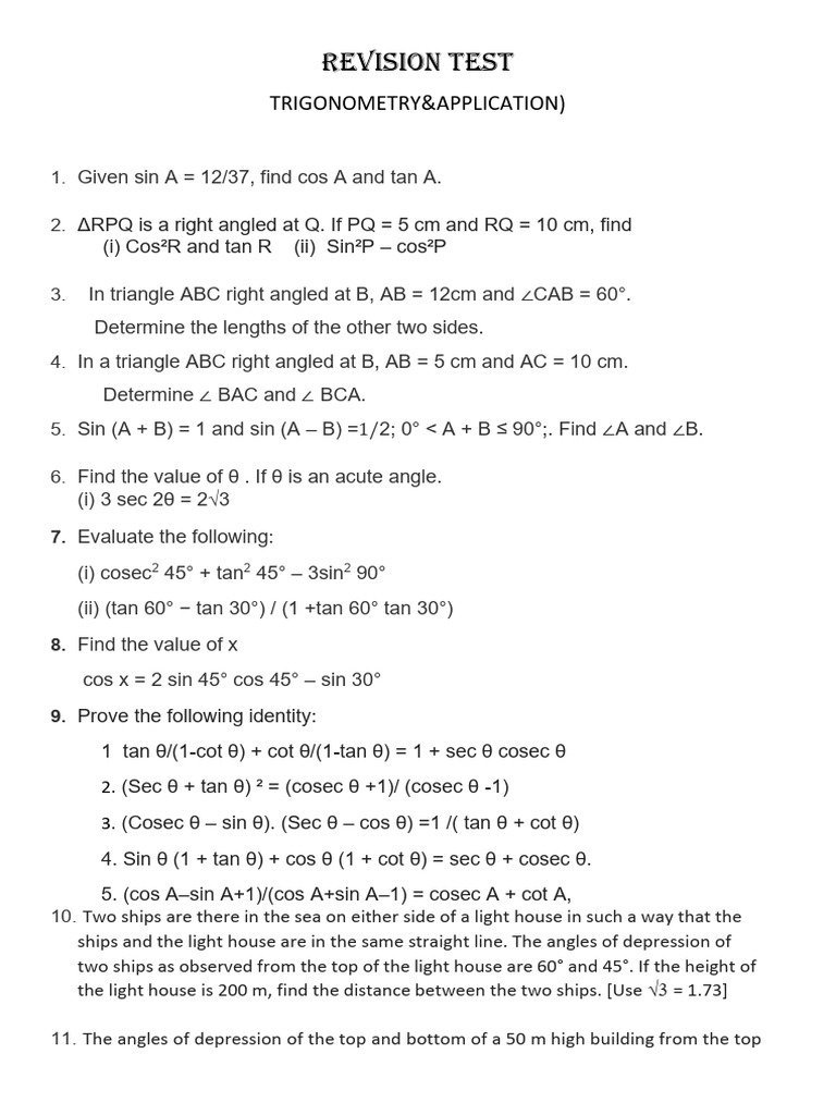 Trigonometry Revision Test Questions | PDF | Trigonometry | Classical ...