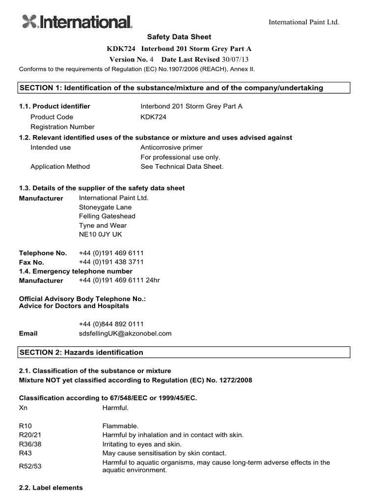 Interbond 201 Storm Grey Part A SDS | PDF | Working Conditions ...