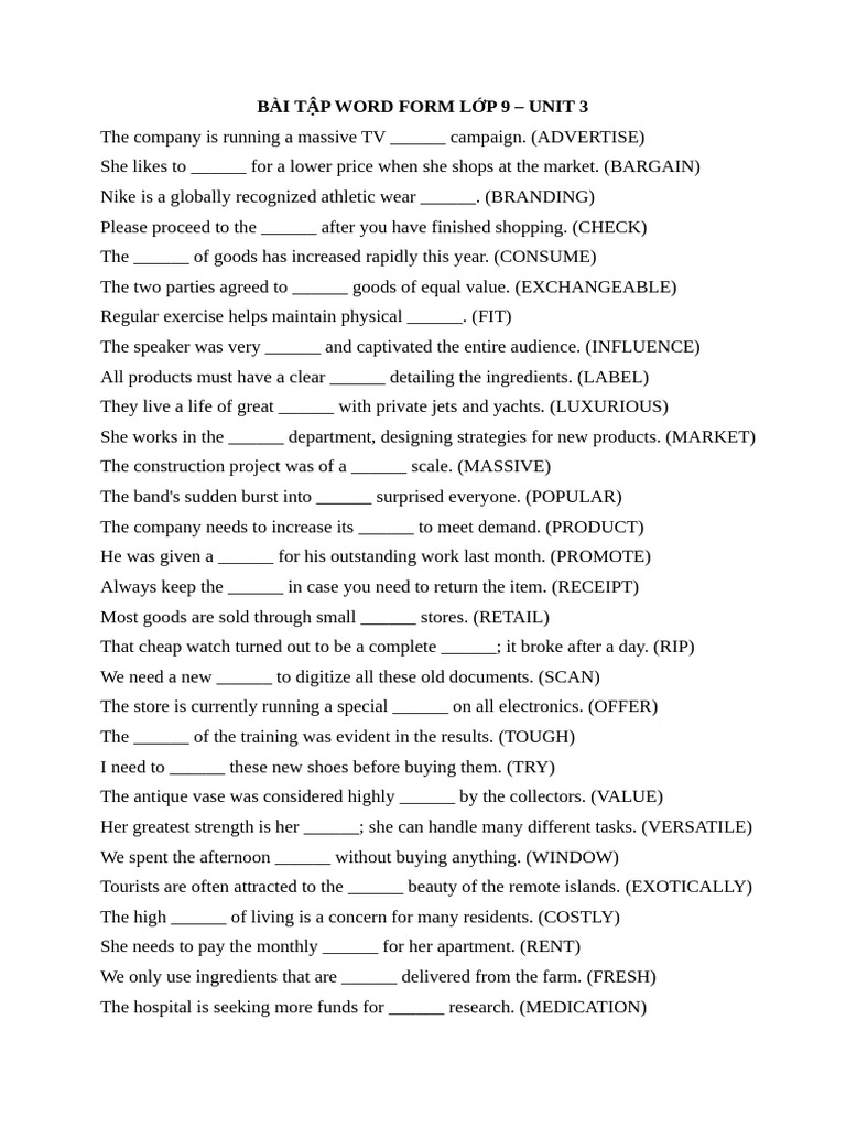 Bài Tập Word Form Lớp 9 - Unit 3 | PDF