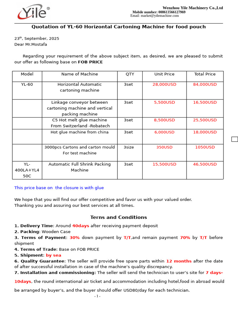 1_Quotation of YL-60 Horizontal Cartoning Machine for Food Pouch ...