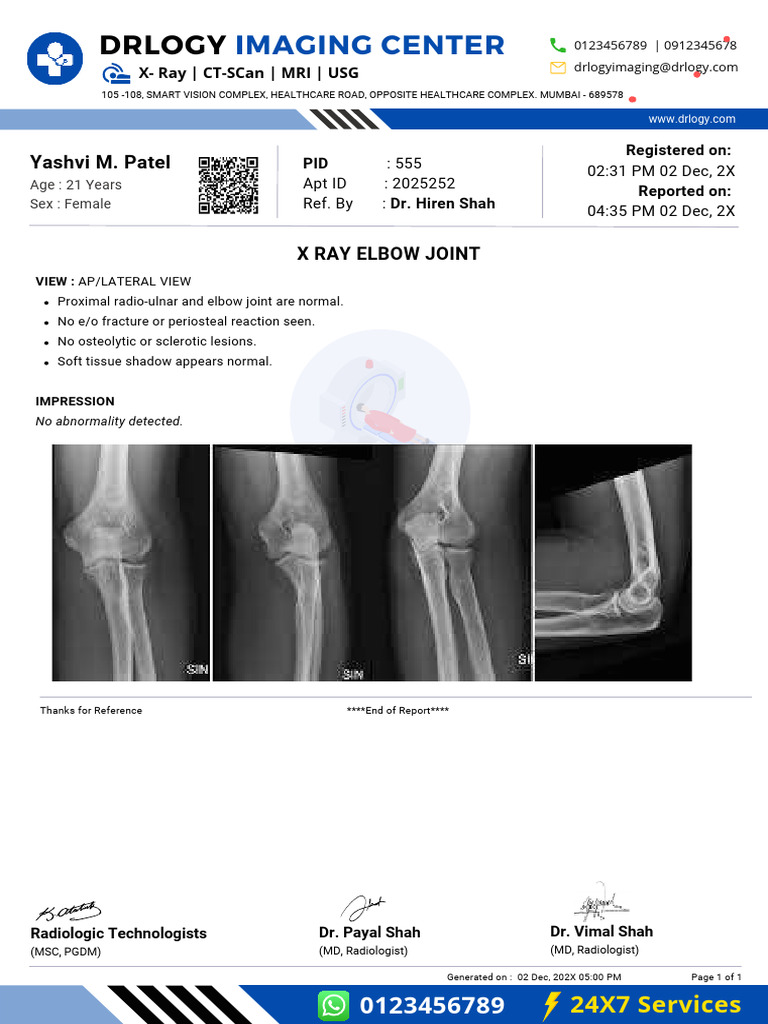 Normal Elbow X-Ray Report Summary | PDF
