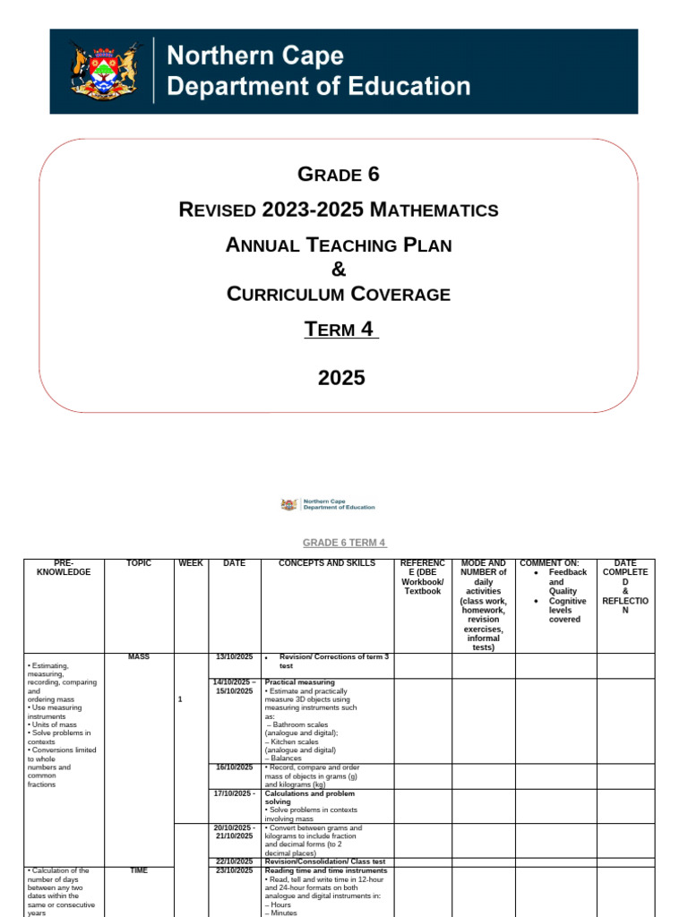 Grade 6 Term 4 2025 Planning and Preparation | PDF | Litre | Mass