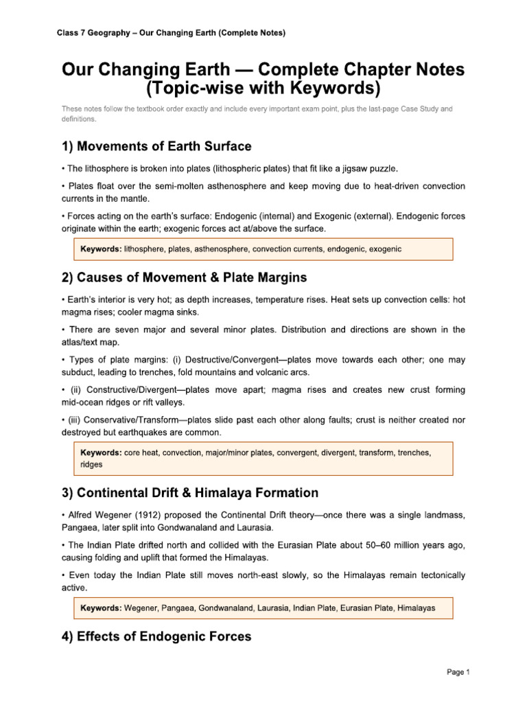Our Changing Earth Final Notes Class 7 | PDF